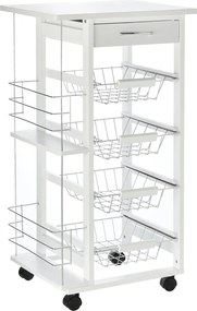 HOMCOM Kuchyňský vozík na kolečkách - Víceúčelový vozík se zásuvkou, 4 odnímatelné kovové košíky a boční regály, 47x37x83 cm, bílý | Aosom