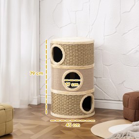 PawHut Sud na škrabadlo, výška 79 cm, Ø45 cm, třípatrový sud pro kočky se sisalovým provazem, jeskyně pro kočky, pro velké kočky, khaki+hnědá barva