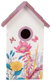 Bílo-růžová dřevěná budka pro ptáčky s květy a motýly – 15x10x22 cm