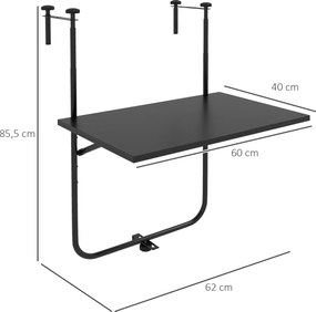 Balkonový stolek Outsunny pro zavěšení Skládací závěsný stolek 3-násobně výškově nastavitelný do 15 kg 62x60 cm černý pro balkon a terasu | Aosom.de