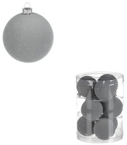 Vánoční plastové koule, sametové, šedivá barva. Cena za 1box/9ks.