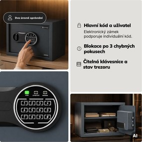 Malý domácí trezor, elektronický zámek na kód, na peníze a dokumenty, 350x250x250 mm: DORIAN