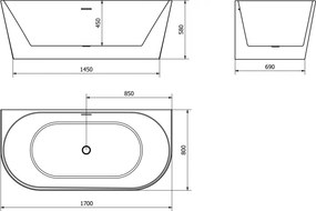 Mexen Oval, volně stojící nástěnná vana 170 x 80 cm, bílá-černá, broušený grafit přepad, 52671708075-95