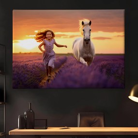 Obraz na plátně - Levandulové přátelství, kůň Whisper a mladá dívka FeelHappy.cz Velikost obrazu: 210 x 140 cm