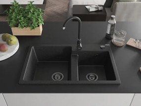 Mexen Tomas, granitový dřez 800x500x190 mm, 2-komorový, černá-stříbrná metalíza s černým sifonem, 6516802000-73-B