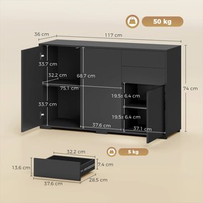 HOMCOM komoda se zásuvkami a dvířky, 2 vysouvací zásuvky a 3 dveře, nastavitelná police, dřevotříska E1, 117 x 36 x 74 cm, černá