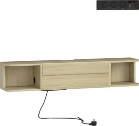 HOMCOM závěsný televizní nábytek, TV stolek pro televizi 127 cm, zásuvka, police, průchodky na kabely, 120x24x22,4 cm, vzhled přírodního dřeva