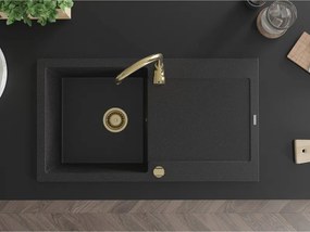Mexen Leo, dřez granitový 900x500x190 mm, 1-komorový, černá-stříbrná metalíza se zlatým sifonem, 6501901010-73-G