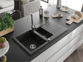 Mexen Matias - dřez granitový 90,0x50,5cm, 1,5-komorový, černá-zlatá, 6502901505-75