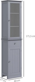 Kleankin Moderní Koupelnová Sloupová Skříňka s Akrylovými Dveřmi, 2 Police, Dveře Skříňky, 1 Zásuvka, MDF, Šedá