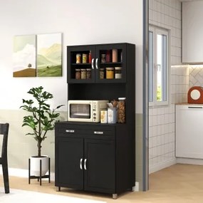 HOMCOM Vysoká kuchyňská skříň, kuchyňská skříň se 4 dveřmi, zásuvka, pracovní plocha, nastavitelné vložky, 80x48x170 cm, černá