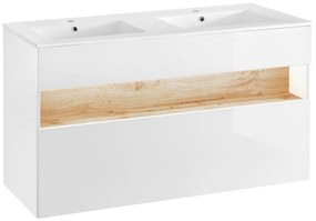 COMAD Závěsná skříňka pod umyvadlo - BAHAMA 854 white, šířka 120 cm, matná bílá/lesklá bílá/dub votan