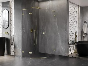 Mexen Lunar, L pětiúhelníkový sprchový kout naklápěcí doleva 80 x 90 cm, 8mm čiré sklo, zlatý matný profil, 831L-080L-090P-55-00-L