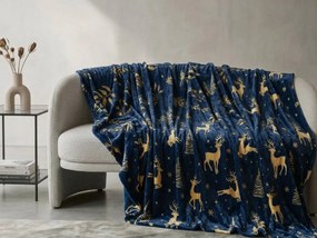 Tmavě modrá vánoční mikroplyšová deka GOLDEN DEER Rozměr: 200 x 220 cm