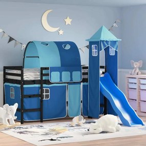 vidaXL Dětská patrová postel s věží 90 x 200 cm borovice [3207107] Barva: Přírodní a modrá