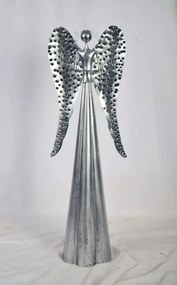 Plechový stříbrný anděl s kalíškem na svíčku, 41 cm
