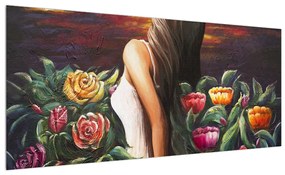 Obraz ženy a květin (100x40 cm)