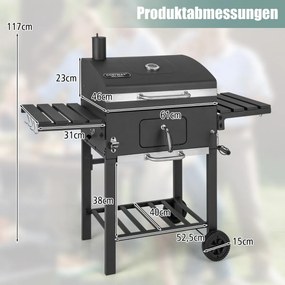 Costway Gril na dřevěné uhlí s víkem a 2 sklopnými bočními stolky a 8 háčky