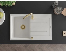 Mexen Bruno, granitový dřez 795x495x200 mm, 1-komorový, bílá se zlatým sifonem, 6513791010-20-G