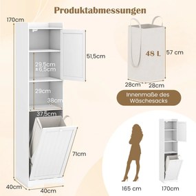 Costway 170 cm koupelnová skříňka vysoká a štíhlá prádelní věž s úložným