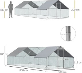 PawHut Velký venkovní kurník 24 m² pro 16-24 slepic 3x8x2 m Galvanizovaný ocelový kurník s PE krytem a zámkem - Stříbrný