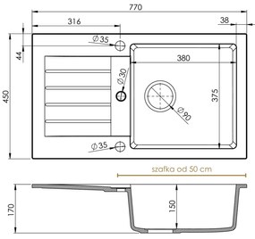 Sink Quality Natalie, kuchyňský granitový dřez 770x450x170 mm + zlatý sifon, černá, SKQ-NAT.C.1KDO.XG