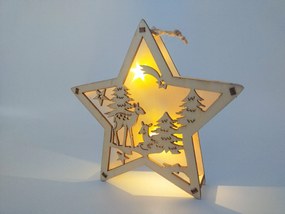 LED světelná dřevěná dekorace, hvězda s vyrytými soby, 15x15cm