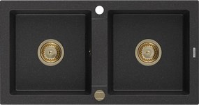 Mexen Mario, granitový dřez 820x436x161 mm, 2-komorový, černá-stříbrná metalíza se zlatým sifonem, 6504822000-73-G