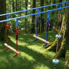 Ninja Line dětská 24m slackline sada s gymnastickými kruhy 7 překážek šplhací tyč balanční most pro 3-6 let červená+modrá