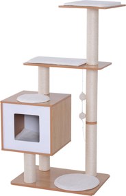 PawHut Dřevěný Škrabadlo pro Kočky 71,5x49,5x120 cm Kočičí Věž s Jeskyní, Platformami, Sisalovými Škrabacími Sloupy, Měkkými Plyšovými Polštáři a Visí