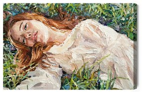 Obraz .A Red-Haired Beauty, A Young Girl Lies And Dreams On The Field Among Various Summer Grasses And Wildflowers. Oil Painting On Canvas. Nedostatek Nedostatek Přírodní plátno 30x20