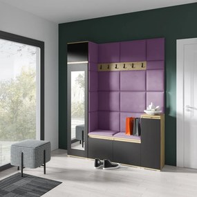 Eka Předsíňová stěna s čalouněnými panely Trinity 29 - Dub Artisan s černou / Fialová 2311