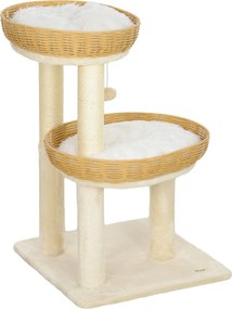 PawHut Kočičí strom, climbing tree, výška 75,5 cm, se dvěma ratanovými kočičími postelemi, škrabacími sloupy, pratelnými polštáři, hračkou, Béžový | A