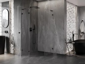 Mexen Lunar, L pětiúhelníkový sprchový kout naklápěcí doleva 80 x 90 cm, 8mm čiré sklo, černý profil, 831L-080L-090P-70-00-L