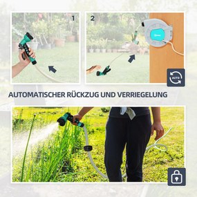 Zavlažovací cívka Outsunny s hadicí 25 m, 180° otočný box, montáž na zeď, automatické navíjení hadice, sprcha se 7 funkcemi, Zelená+Šedá