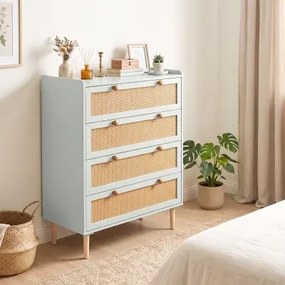 HOMCOM komoda se 4 zásuvkami, boho zásuvková skříň s ratanovým vzhledem dvířek, nohy z borovicového dřeva, šalvějově zelená