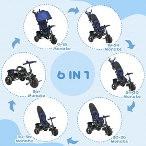 HOMCOM 6-in-1 Tříkolka s Rukojetí pro Rodiče, Dětská Tříkolka s Odnímatelnou Slunečníky, Polstrováním, Balance Bike s 5-Bodovým Bezpečnostním Páscem,…