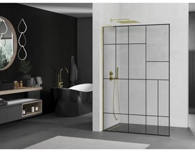 Mexen Kioto L, sprchová zástěna Walk-In 120 x 200 cm, 8mm čiré sklo černý vzor, ​​zlatý lesklý profil, 800-120-103-50-78