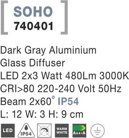 NV 740401 Venkovní nástěnné svítidlo SOHO tmavě šedý hliník skleněný difuzor LED 2x3W 3000K 220-240V 2x60st. IP54 světlo nahoru a dolů - NOVA LUCE