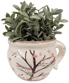 Béžový keramický obal na květináč s keři, šípky a ptáčky Satin s uchem – 17x14x12 cm