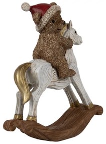 Dekorativní figurka medvídek na houpacím koni s vánoční čepicí – 14 cm