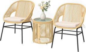 Outsunny 3dílný ratanový bistro set – 2 polstrovaná křesla a tvrzený skleněný stolek, ergonomický nábytek na balkon/terasu, béžová | Aosom