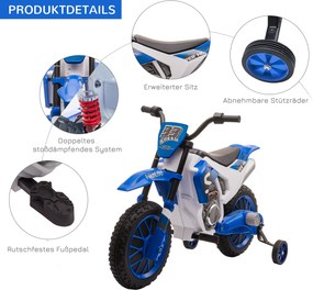 HOMCOM Dětská elektrická motorka 12V, se 2 odnímatelnými tréninkovými koly, od 3 let, PP kov, modrá+bílá