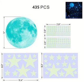 Samolepky na zeď - svítící měsíc s hvězdami Varianta: set F - velký modrý měsíc + hvězdy, 435ks