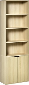 HOMCOM Knihovna se 4 otevřenými přihrádkami a 2 dveřmi pro obývací pokoj, pracovnu a kancelář, nosnost 80 kg, 59x29x180 cm, přírodní | Aosom
