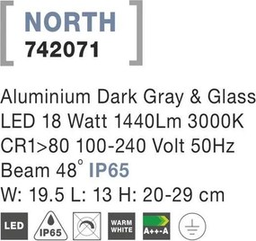 NV 742071 Venkovní reflektor NORTH hliník tmavě šedá a sklo LED 18W 3000K 100-240V 48st. IP65 - NOVA LUCE