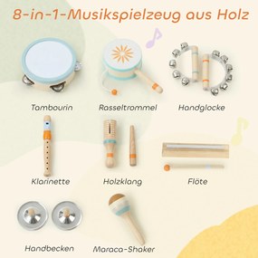 AIYAPLAY dětská sada hudebních nástrojů, 10-dílná Montessori sada nástrojů s tamburínou, chrastítky, bubnem, činely, flétnou