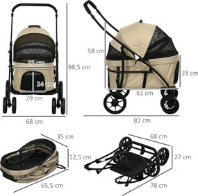 PawHut 2v1 Skládací Kočárek pro Psy a Kočky s Odnímatelným Houpacím Lůžkem, Polštářem, Bezpečnostním Pásku, Až 10 kg, Ocelový 81 x 68 x 98.5 cm, Khaki