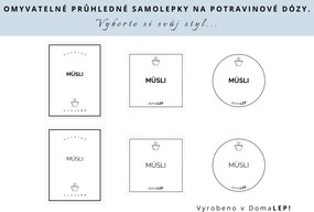 MÜSLI - omyvatelná samolepka na dózu, výběr rozměrů Ø 5 cm / 5 x 5 cm / 6 x 8 cm | DomaLEP tvar: KOLEČKO, barva: PRŮHLEDNÁ - ČERNÉ písmo, velikost: Ø 5 cm - tučné písmo