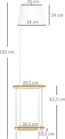 HOMCOM Stojací lampa 162 cm 40 W Stojací lampa se 2 policemi a plátěným stínidlem z bílého kovu do obývacího pokoje a ložnice